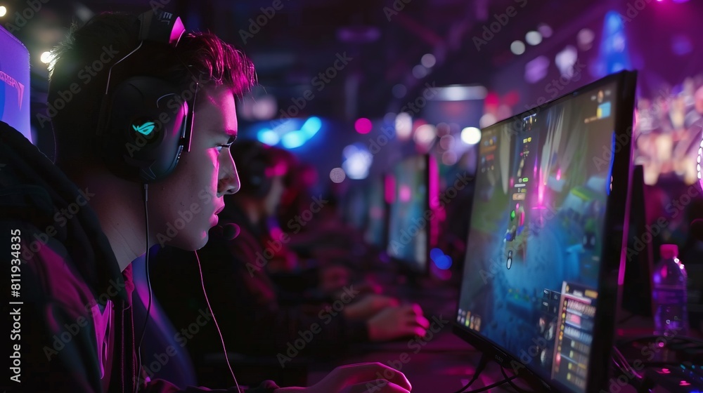 Capture the intensity of a competitive esports tournament, with players ...