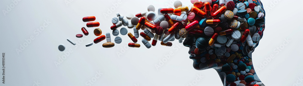 Shadow of the human head filled with medication and tablets ...