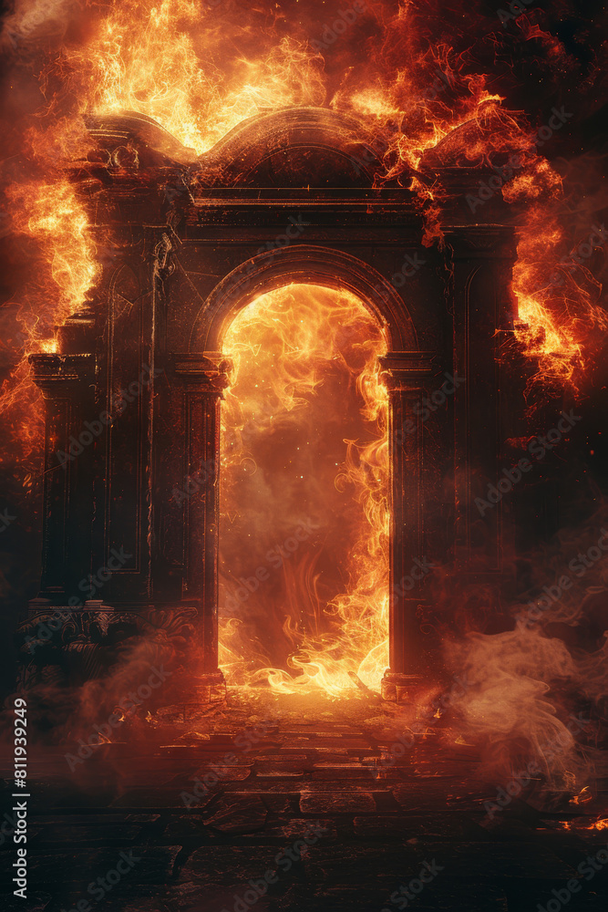 The depiction of a cursed gateway to hell engulfed in billowing smoke ...