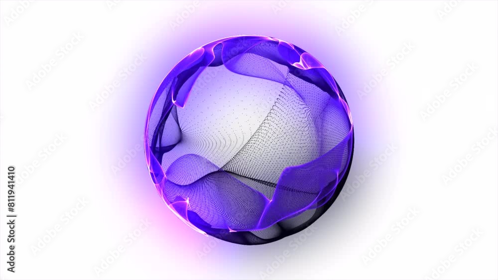 Cyber glowing 3d sphere of purple and black particles on a white ...