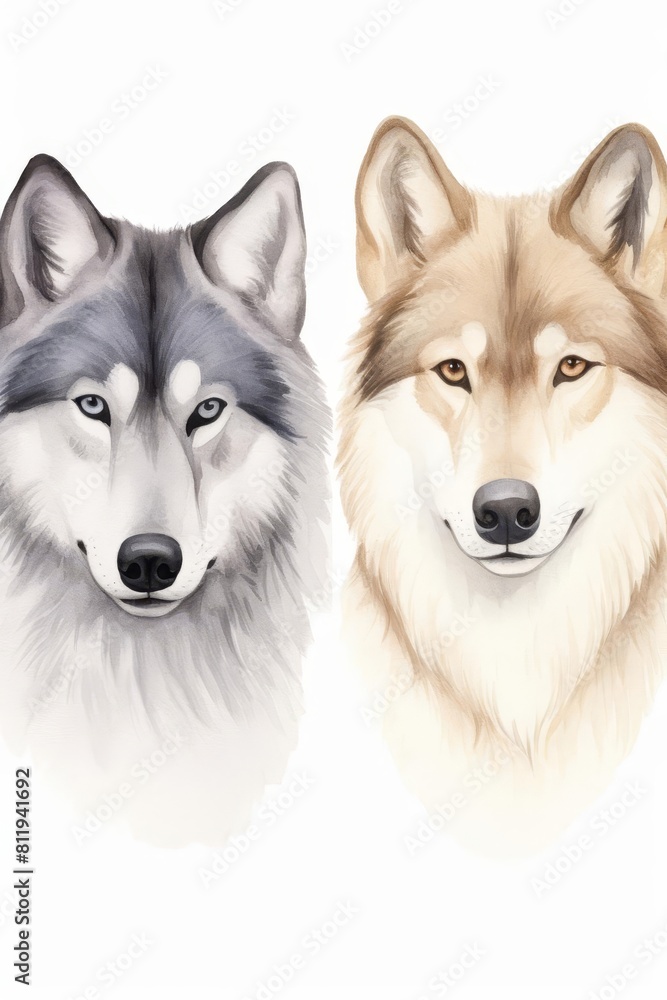 Two watercolor wolves. The gray wolf is on the left and the brown wolf ...