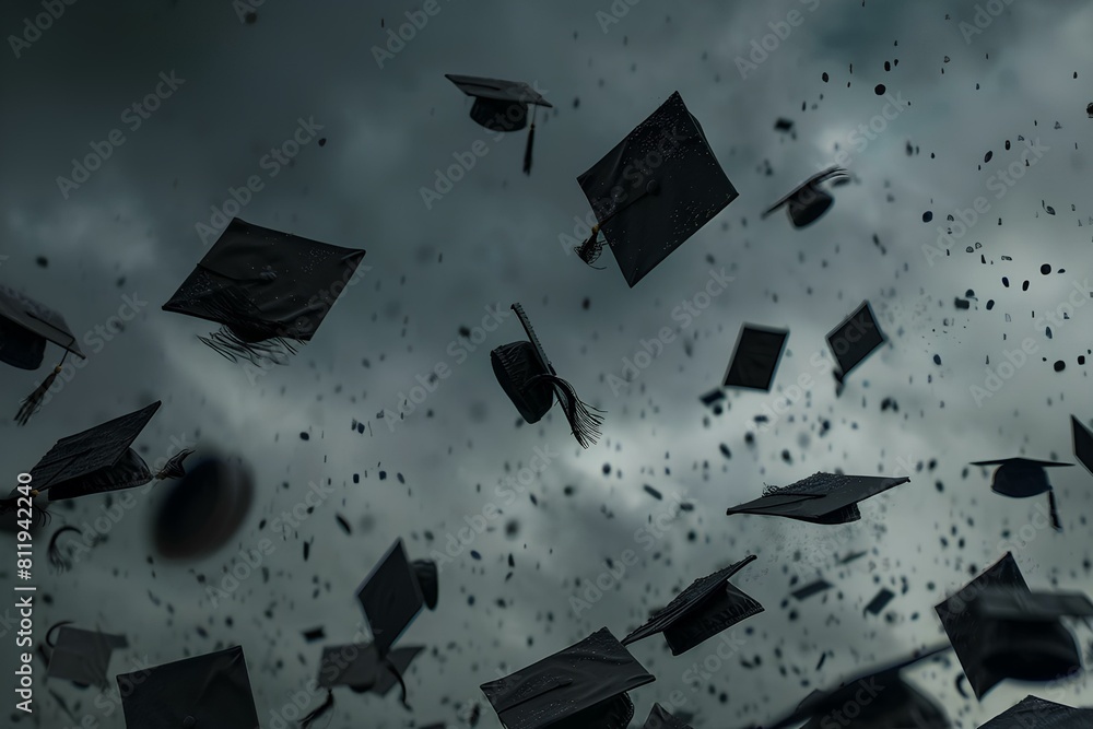 Education concept, graduation ceremony, black mortar boards fly in the ...