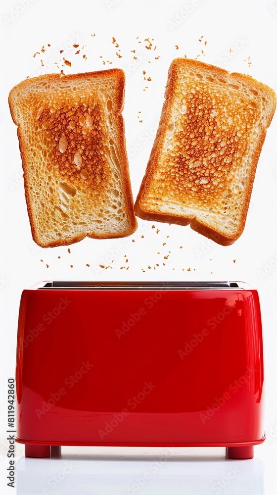 Roasted toasts popping out of a red toaster, isolated on white ...