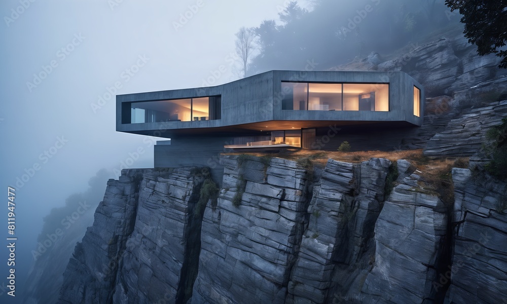 modern house is placed on top of a rocky cliff in the fog. The house ...