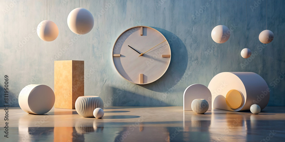 Geometrical shapes and wall clock. Abstract minimalist interior ...