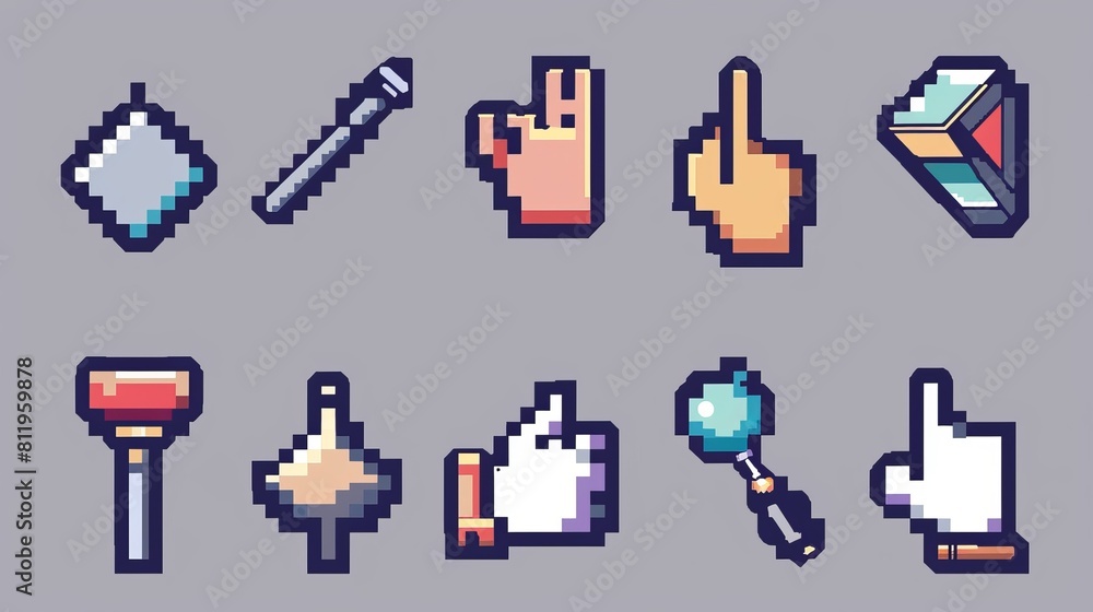 Pixel cursor or computer mouse pointer icons set. Pixel art cursors - arrows, hand click ...