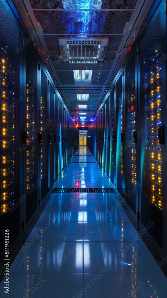 Shot of Corridor in Working Data Center Full of Rack Servers and ...
