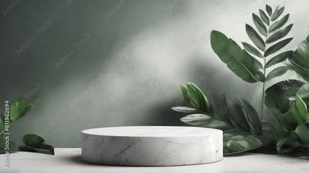 White marble stand placed table, minimalist round podium mockup for ...