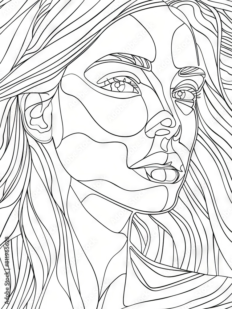 Artistic line drawing of a woman's face with flowing hair and detailed ...