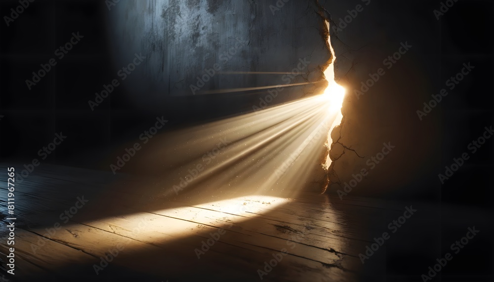 dark room with a single beam of light coming through the cracks in a ...