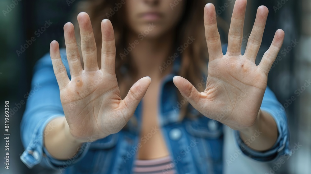 A woman firmly signaling a halt to drugs with her hands is symbolizing ...