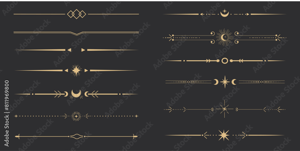 Golden divider celestial border with stars moon and sun thin line ...