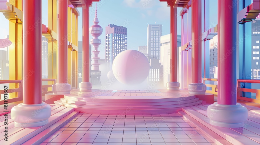 Anime Convention Colorful Podium, front view focus, with an Anime Expo ...