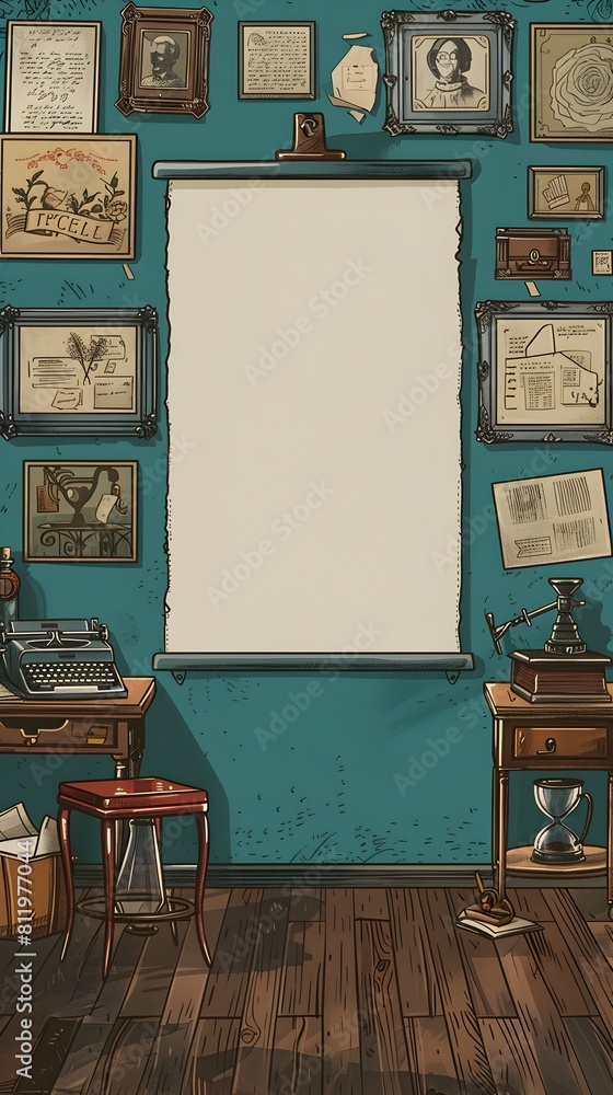 Vintage Study Room with Antique Desk Typewriter and Framed Artwork ...