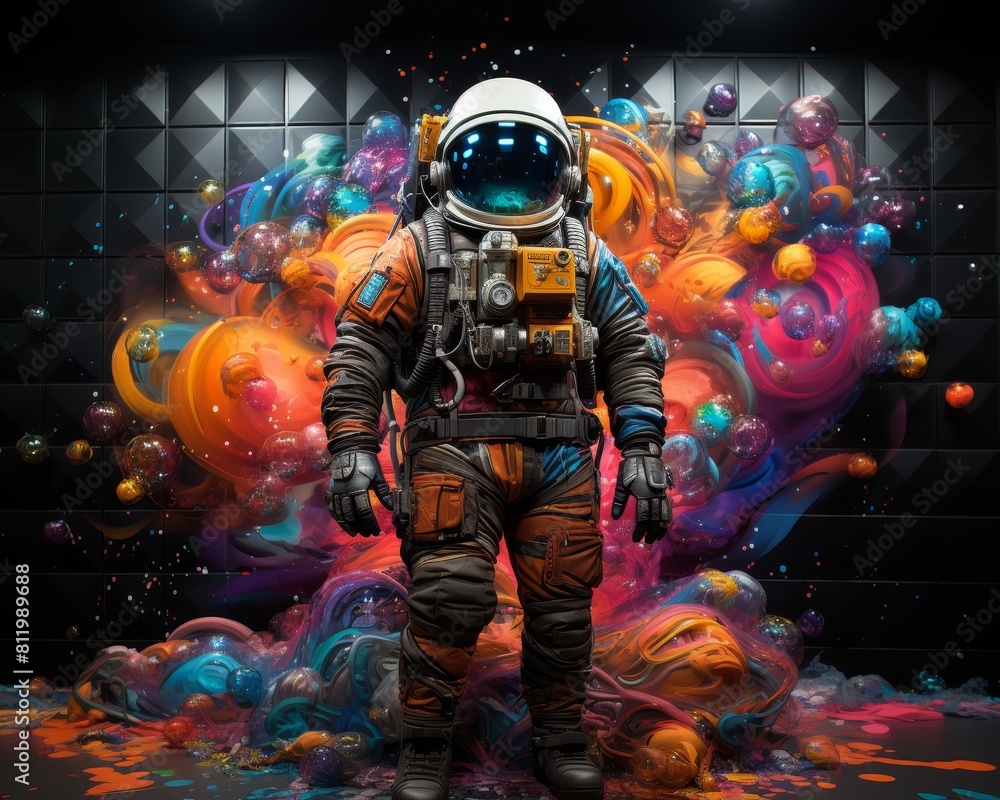 Illustrate a space-themed educational tech gallery, showcasing ...