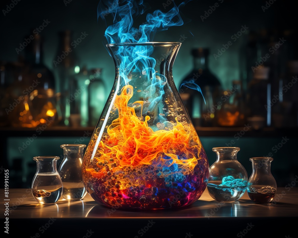 Chemistry reaction setup displaying a colorful exothermic reaction in a ...