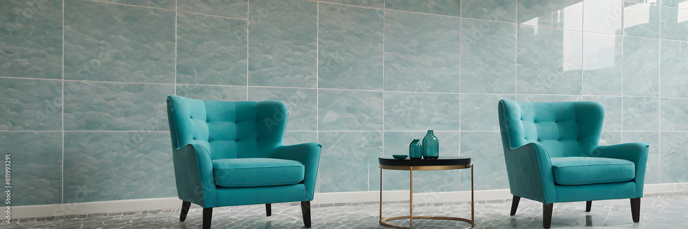 Modern interior of living room with grey sofa and cyan chairs on empty ...