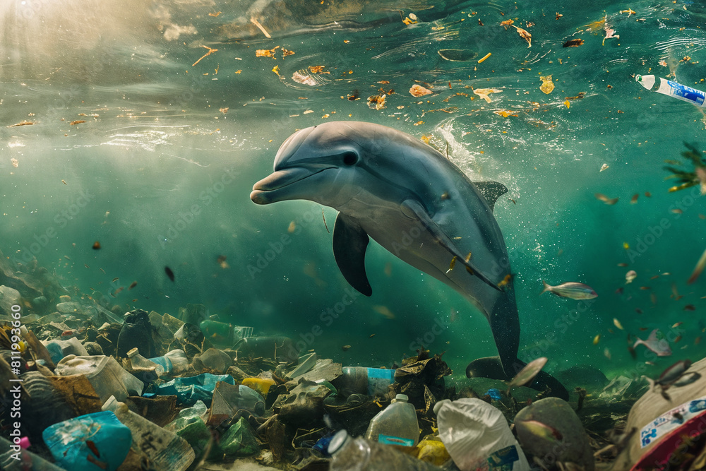 dolphin swimming amidst plastic pollution in the ocean. The water is ...