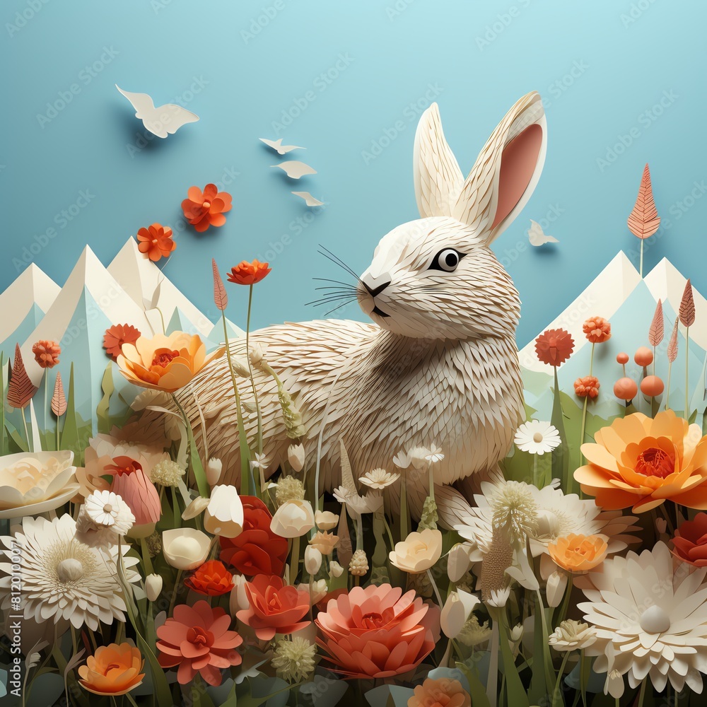 Render a 3D image of a rabbit in flat design, side view, set in a spring meadow theme, using 3D ...