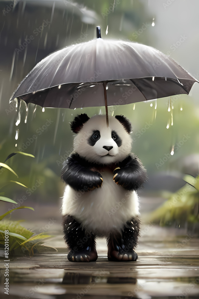 panda, umbrella, cute, animal, rain, cartoon, vector, cartoon ...