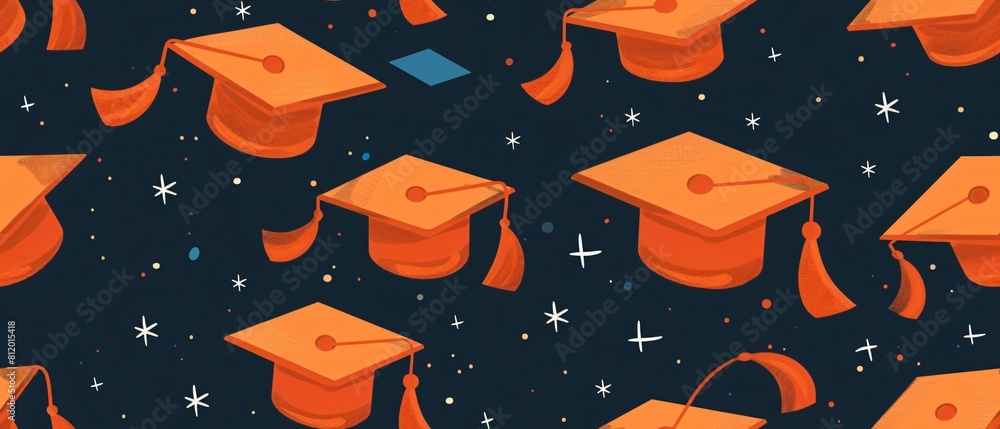 seamless pattern orange graduation cap background with glitter on a ...