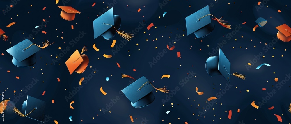 seamless pattern, blue and orange graduation caps thrown into the sky ...
