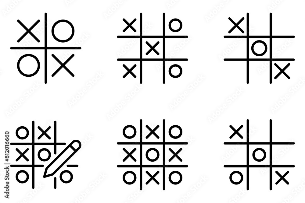 Tic tac toe icons set, noughts and crosses game on white background ...