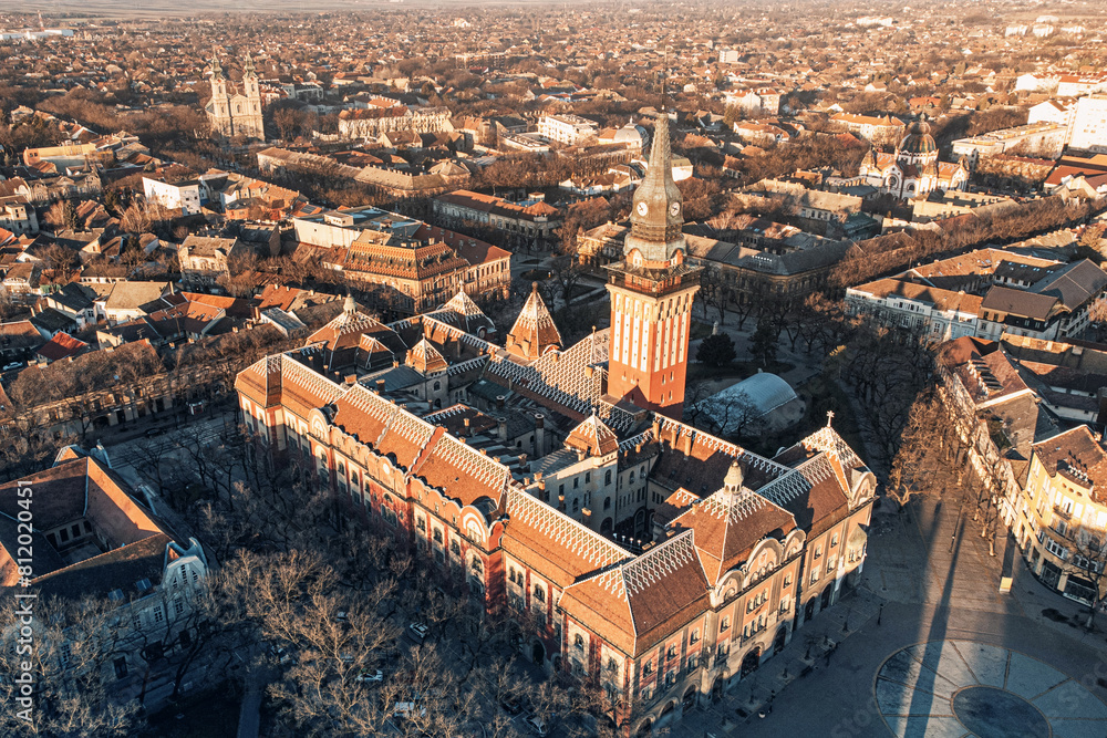 Aerial view of a famous Subotica town hall as a symbol of the city ...
