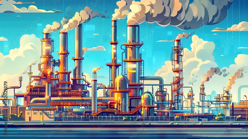 A factory with smokestacks and pipes, creating an industrial landscape ...