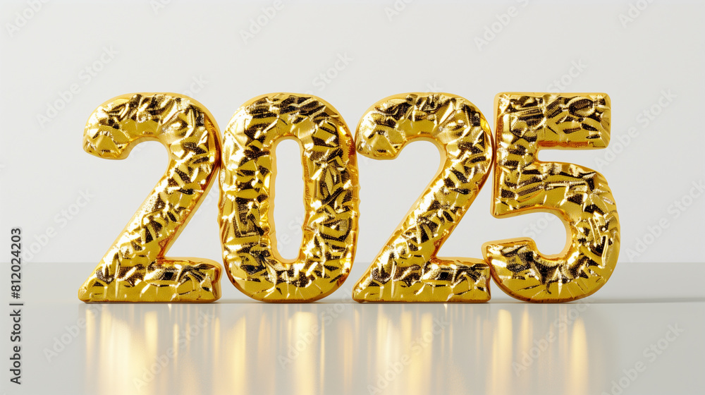gold embossed numbers 2025 on a white background with reflection ...