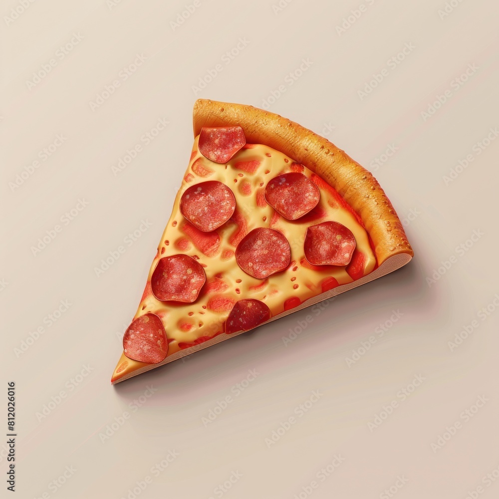 3D illustration of a triangular pizza slice with tomato sauce and ...