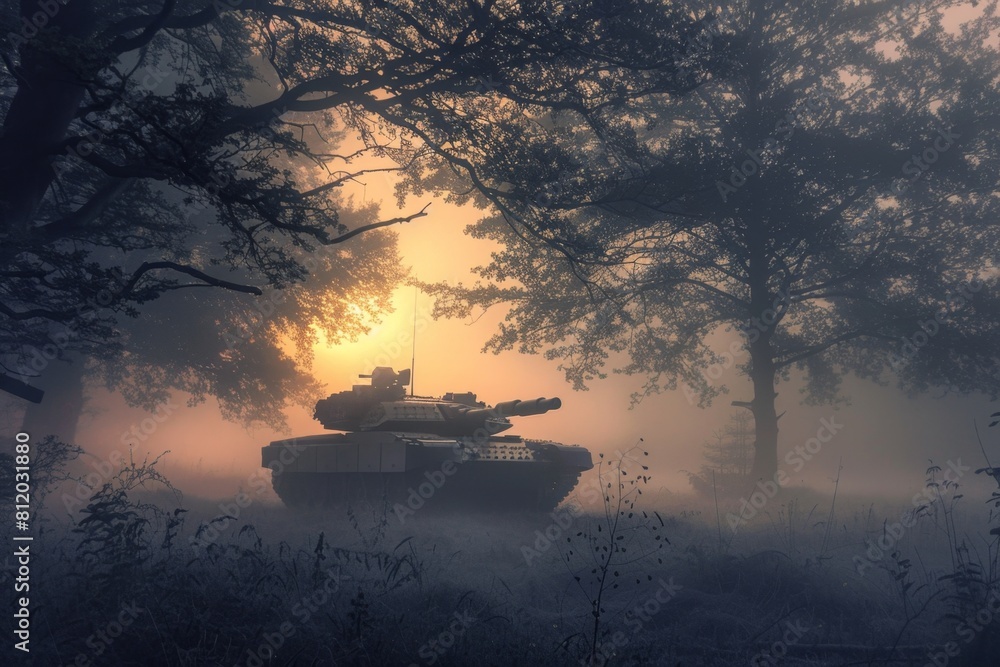 An Military tank M1 Abrams shrouded in morning fog, slowly emerging ...