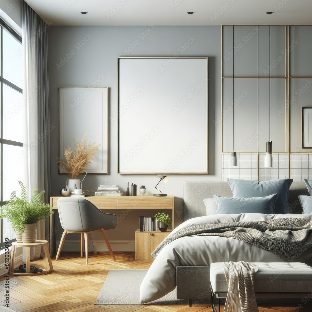 Foto de Bedroom sets have template mockup poster empty white with ...