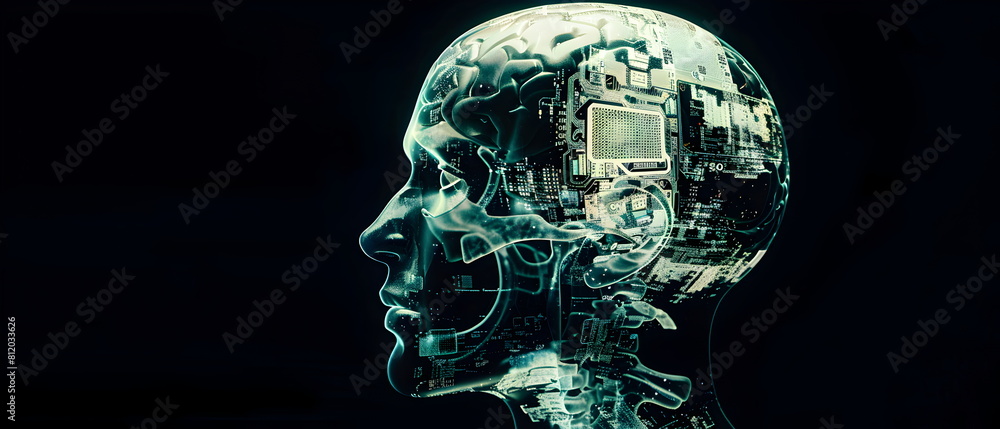 Half-frontal view of a normal human head made from Circuit board CPU ...