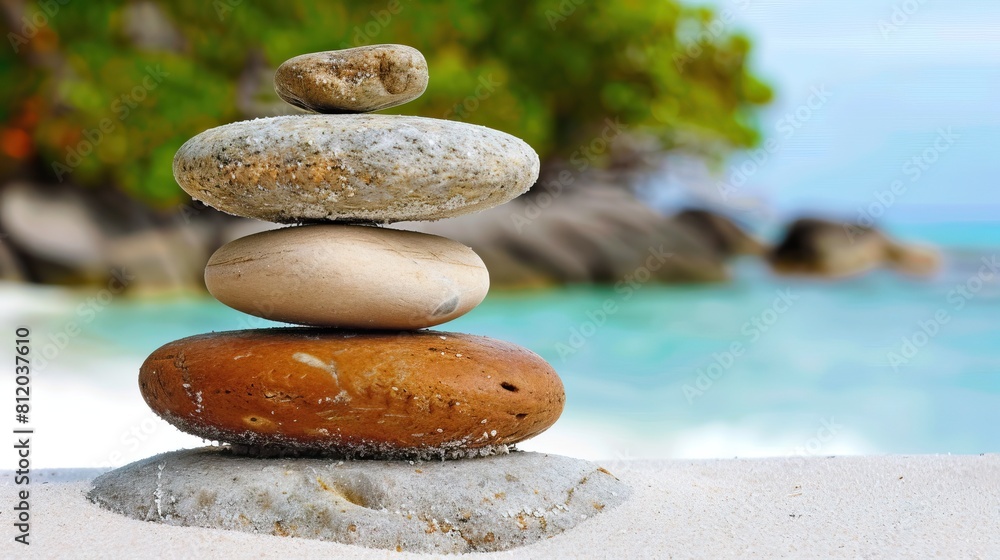 a pile of pebbles balanced on a white sand beach on the highest level ...