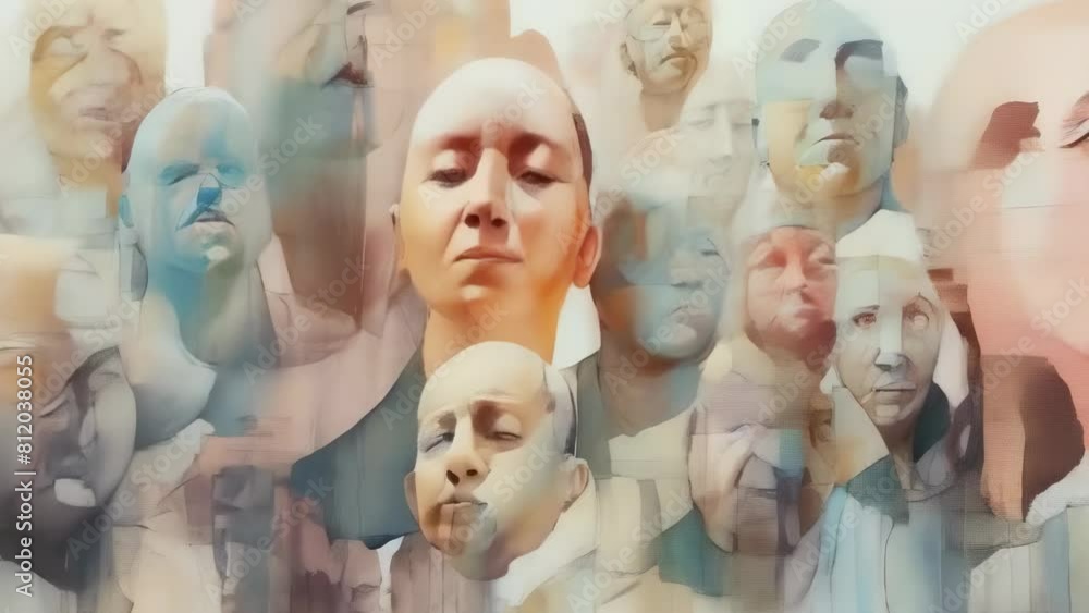 Stockvideon Crowd using a watercolor effect, showing blurred faces in a ...