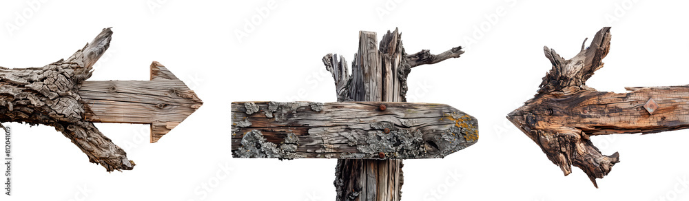 Set of direction indicators made of old wood isolated on white or ...