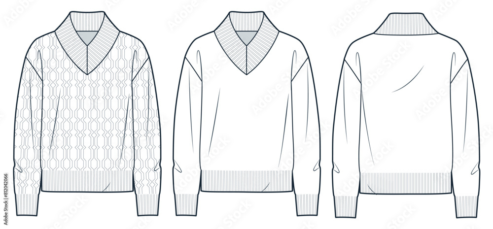 Sweater technical fashion illustration. Cable Knit Sweater fashion flat ...