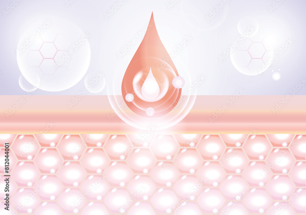 serum and vitamin drop on skin cell. Closeup Oli and vitamin drop on ...