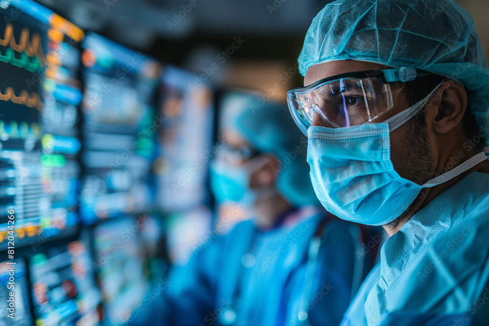 “Monitoring Vital Signs” Two individuals in medical attire are intently ...