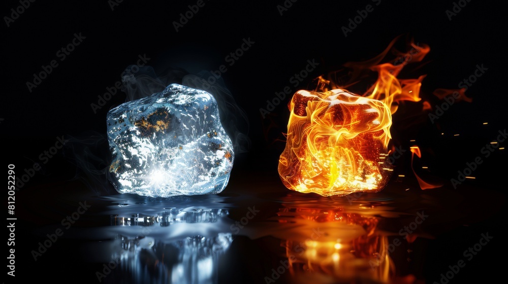 Ice cubes, Ice, behind which there is a fire, flame, on a black ...
