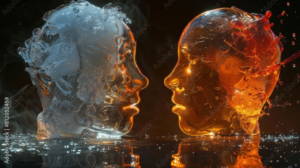 Ice and fire/flame, on a black background. Confrontation between ice ...