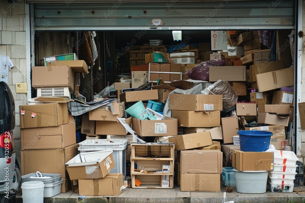 Packed Boxes: A Messy Pile of Plastic Containers and Boxes in a Storage ...