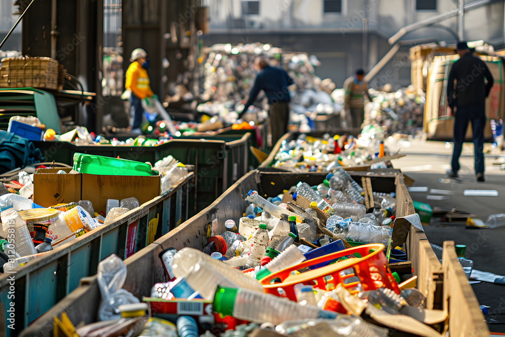 recycling center Workers are sorting various materials. to reuse The ...