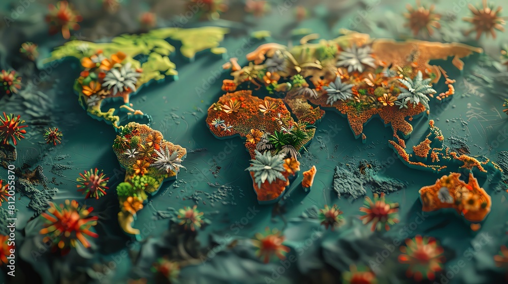 world map made of corona virus, with various plant life growing around ...