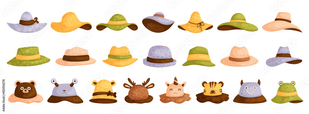 Cartoon hats. Female,male and kids headwear, derby and cowboy, straw ...