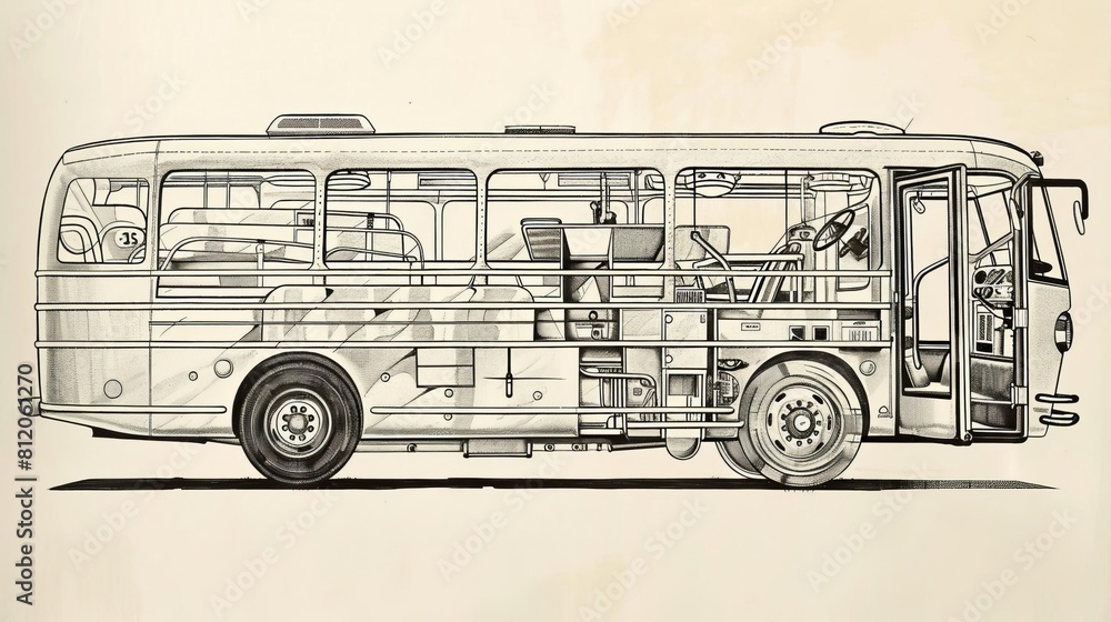 A technical drawing of a touring bus, showing the seating arrangement ...
