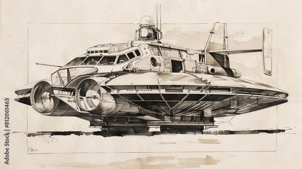 An architectural drawing of a hovercraft, highlighting the lift engine ...