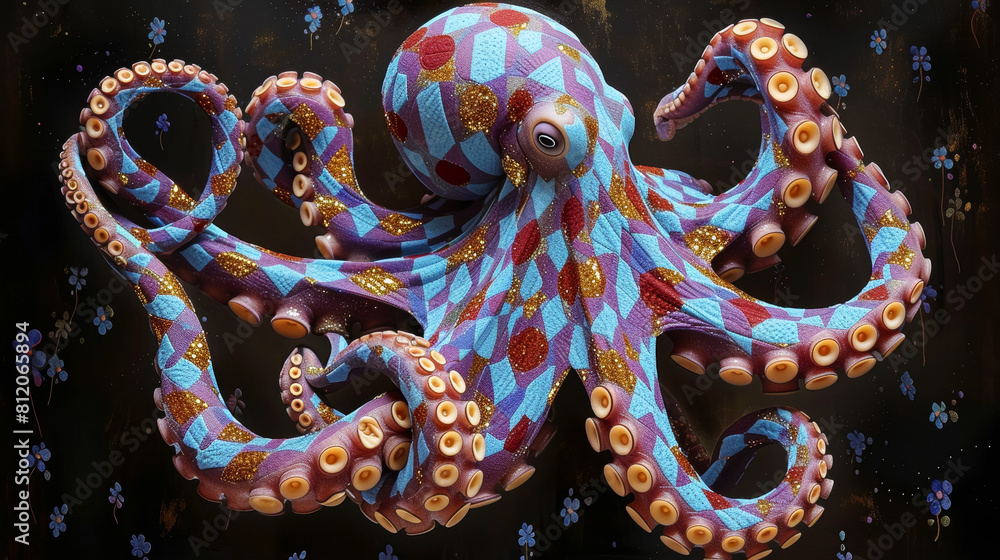 octopus in the art style of bold colors and quilted patterns, whimsical ...