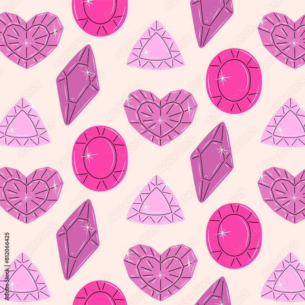 Seamless pattern of pink jewels. Gemstones in hand drawn style ...